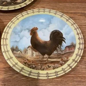 Accents | 3 Decorative Rooster Hen Plates Fence Border Farm Charm ...